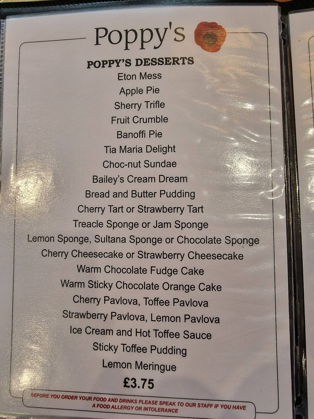 Menu at Poppy's Restaurant, Skegness