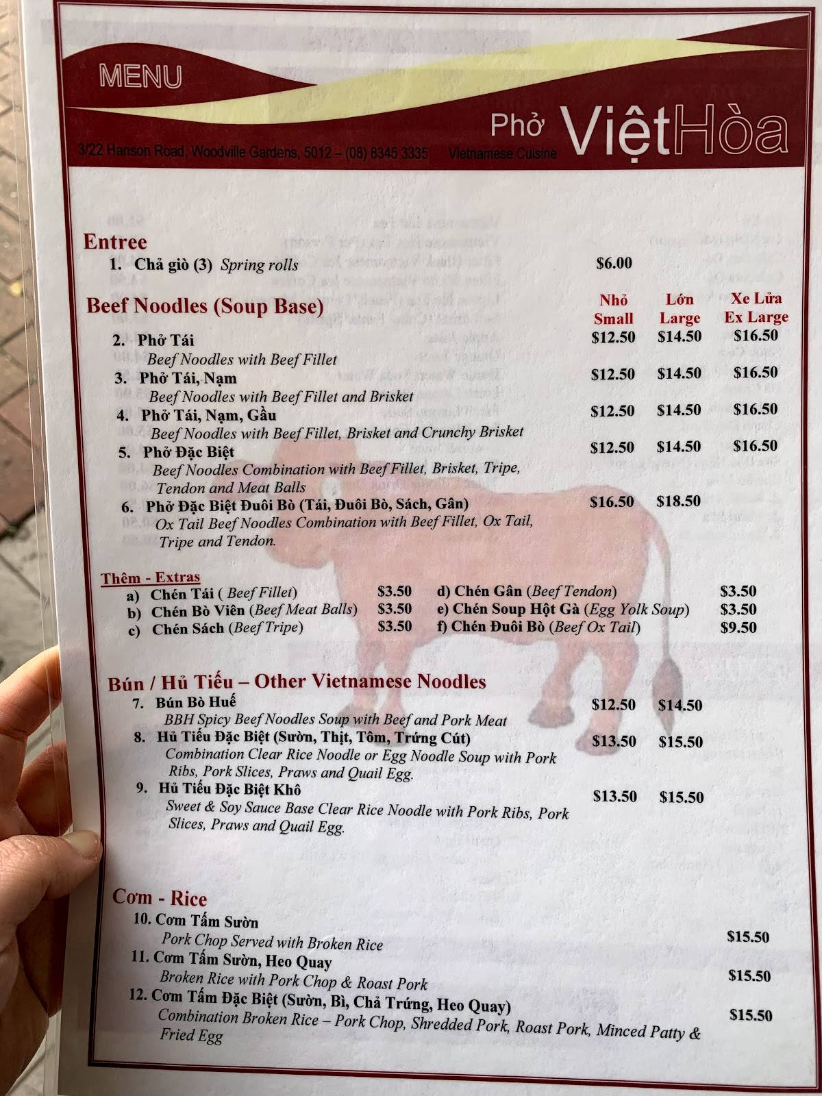 Menu at Viet Hoa restaurant, Woodville Gardens