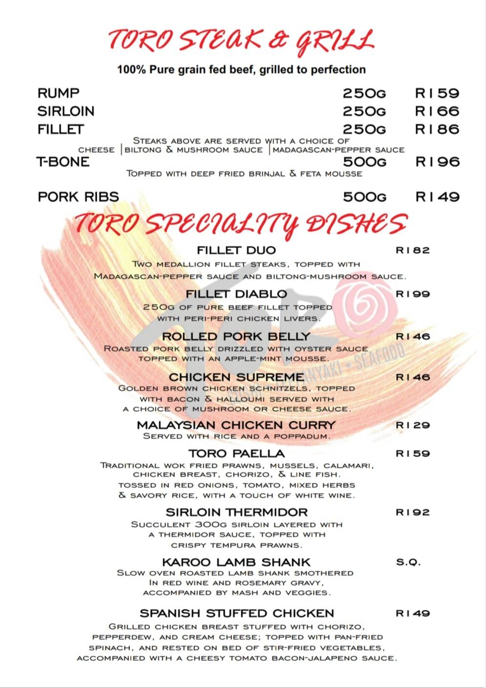 Menu at TORO Sushi, Teppanyaki & Seafood restaurant, Port Elizabeth
