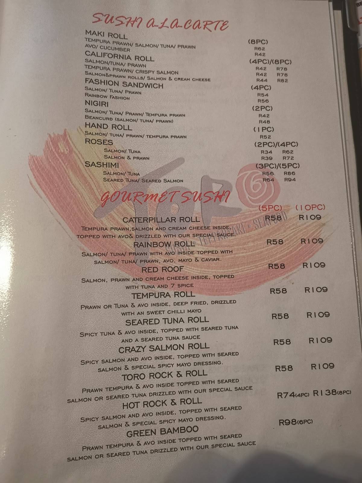 Menu at TORO Sushi, Teppanyaki & Seafood restaurant, Port Elizabeth