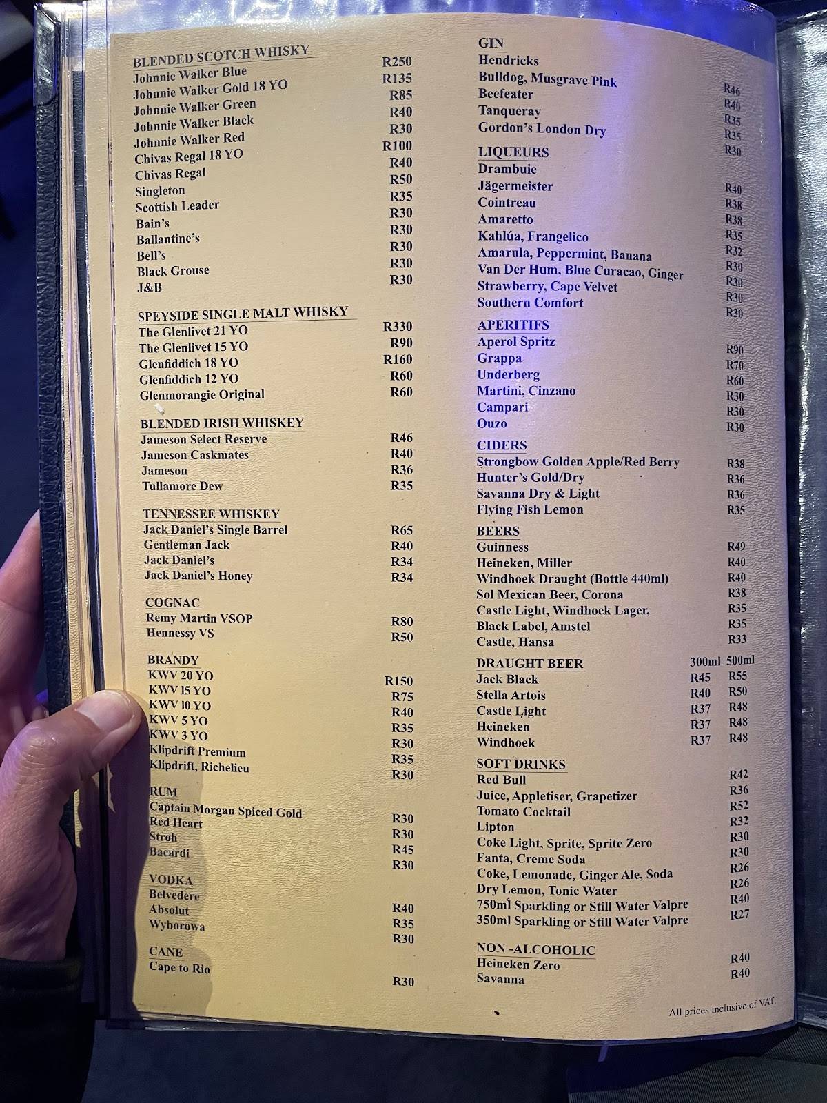 Menu at The Coachman Restaurant, Port Elizabeth, Brookes on the bay
