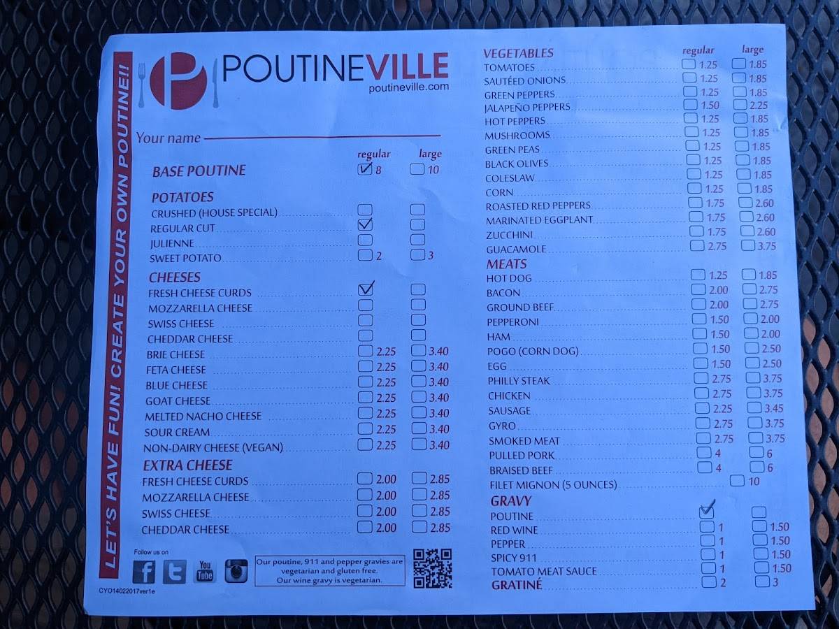 Menu at Poutineville restaurant, Montréal, Ontario St E