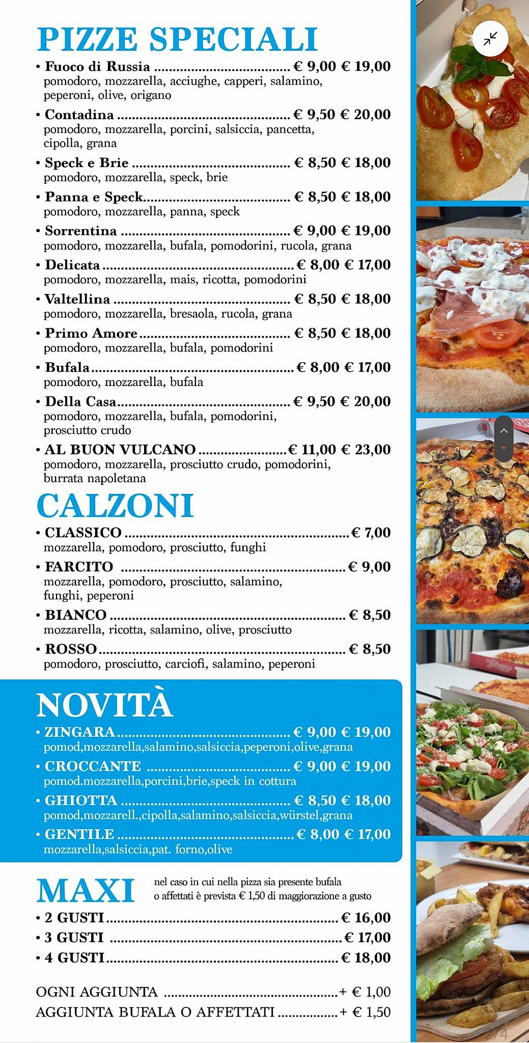 Carta de pizzería Al Buon Vulcano, Pozzuolo del Friuli