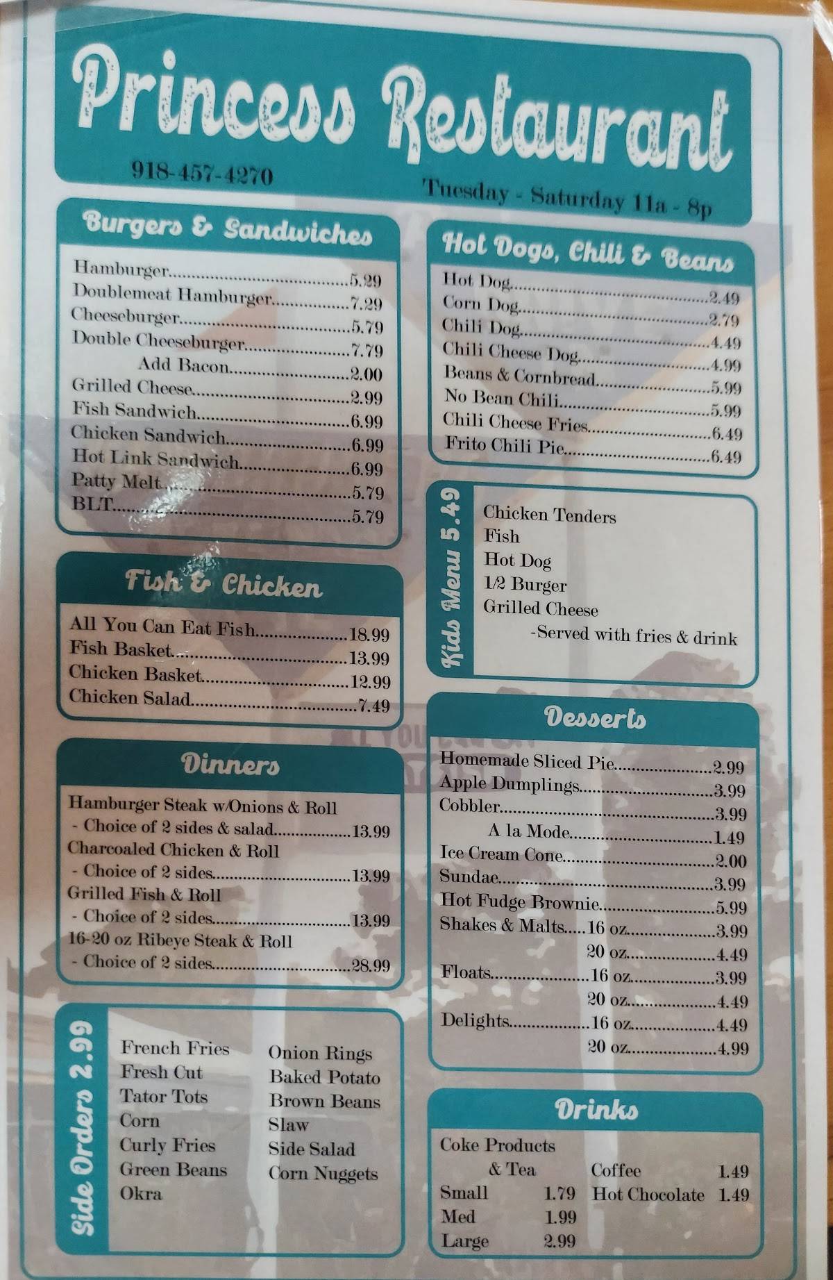 Menu at Princess Restaurant, Park Hill, State Hwy 82