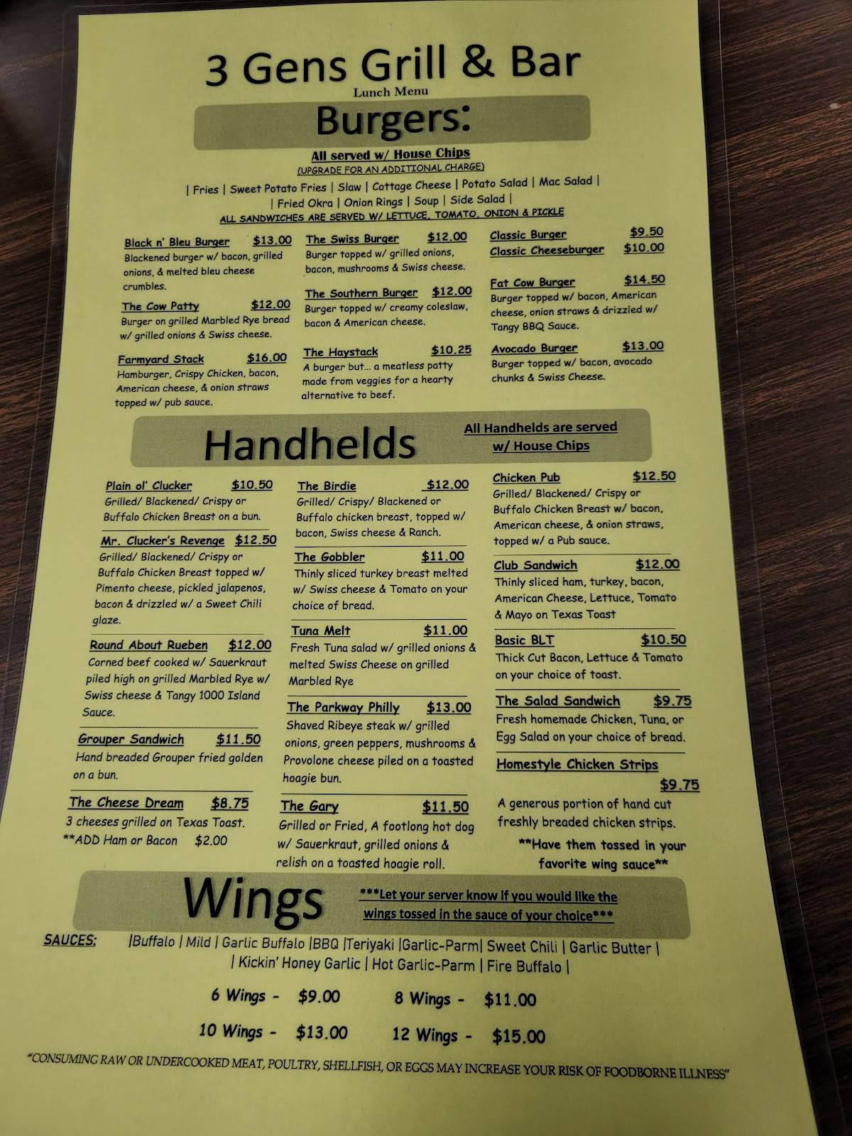 Menu at 3 Gens Grill & Bar, Sebring
