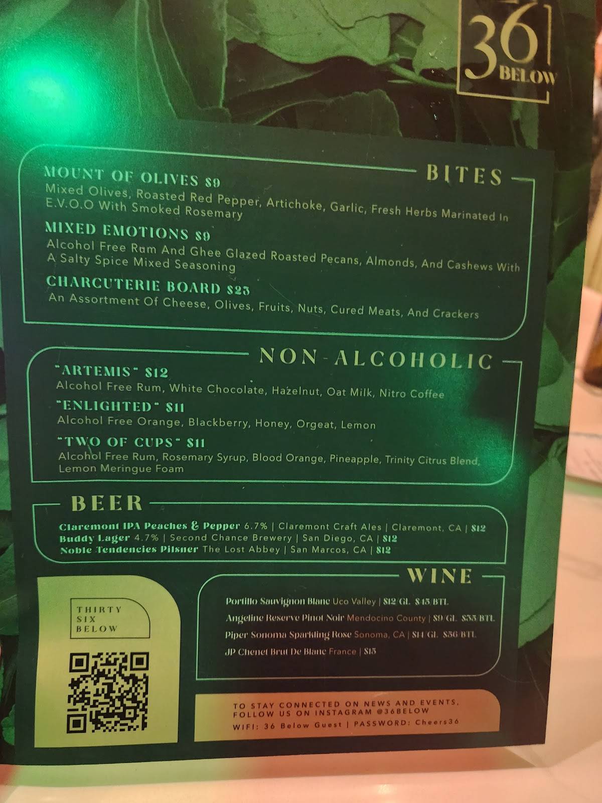 Carta del pub y bar 36 Below, Phoenix