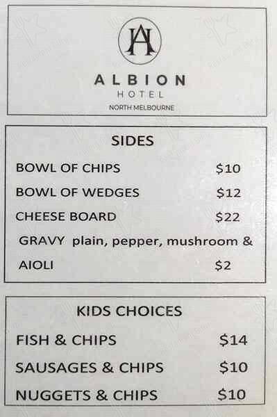 Menu at Albion Hotel North Melbourne pub & bar, Melbourne, 171 Curzon St