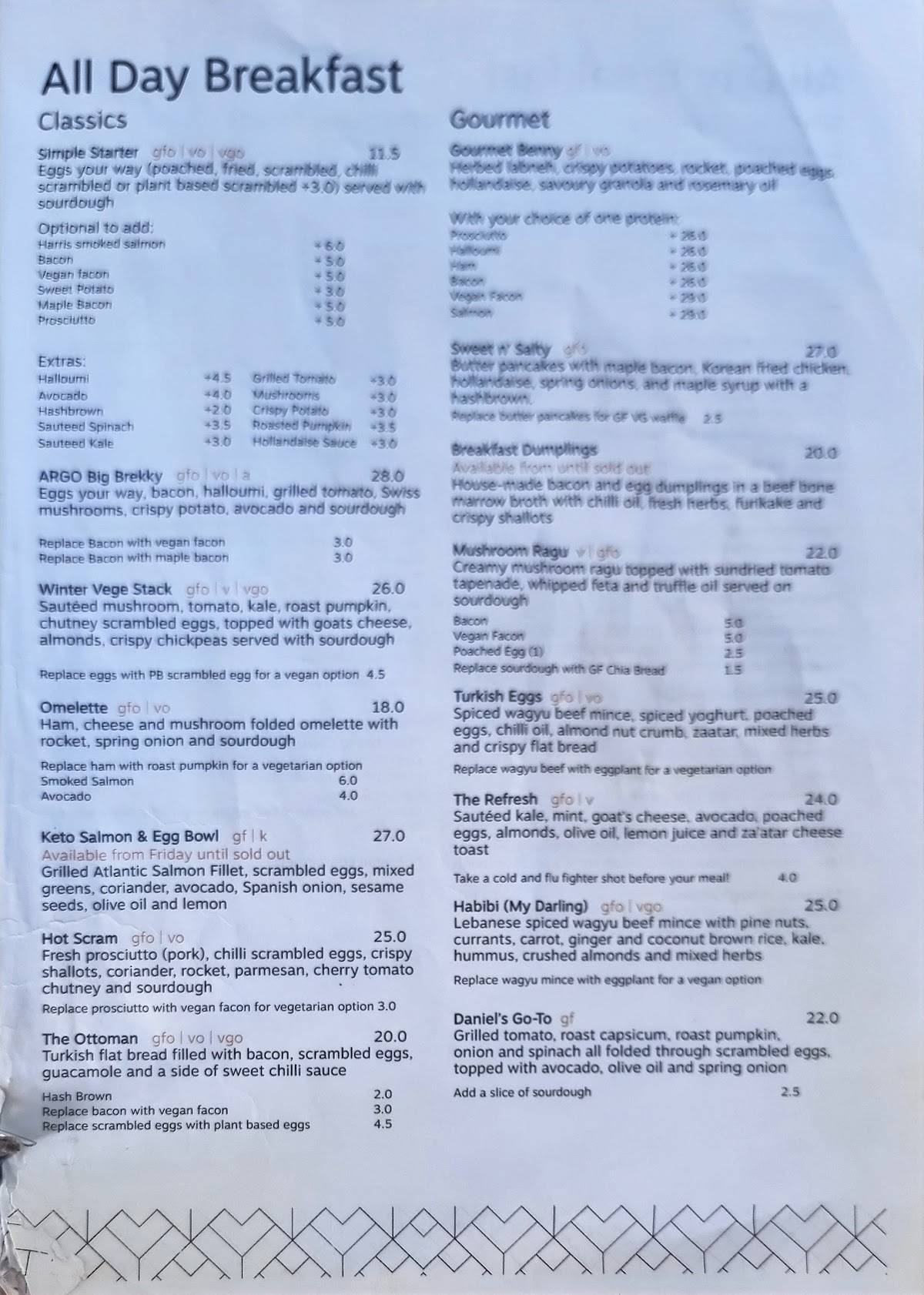 Menu at Argo on the Parade pub & bar, Norwood