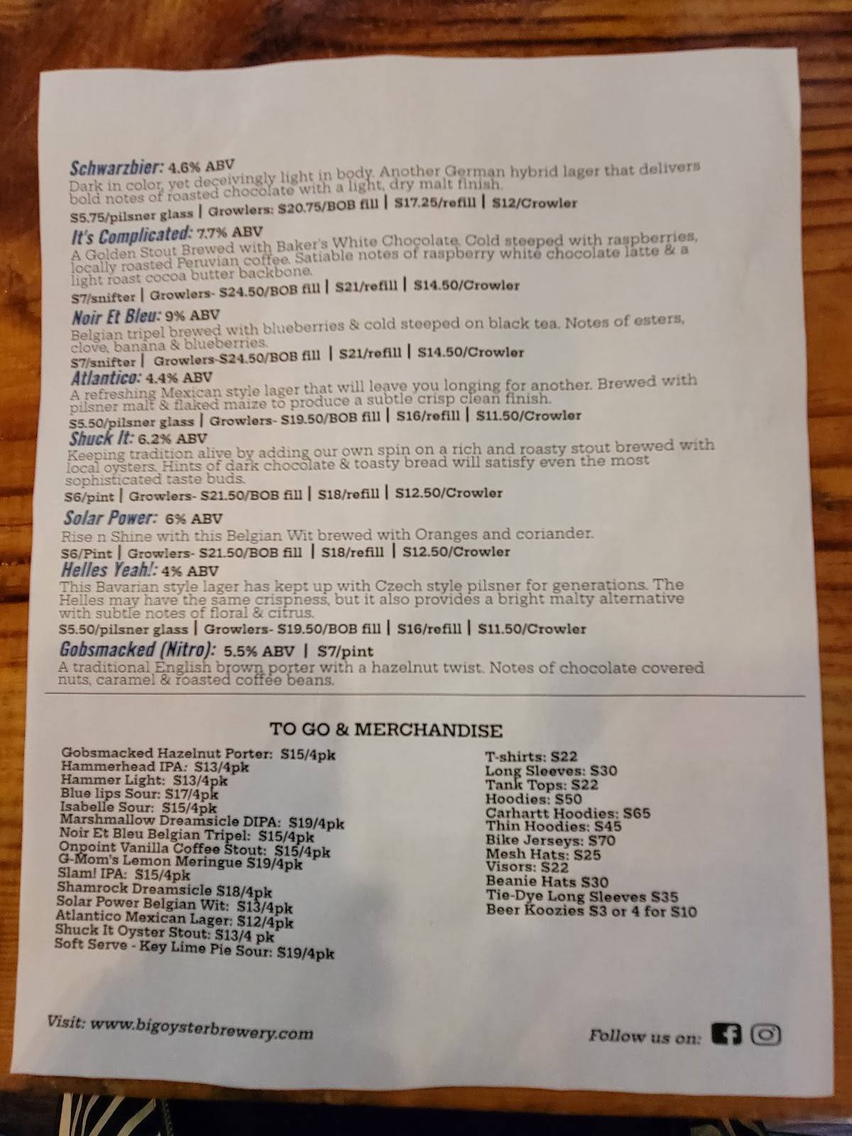Menu at Big Oyster Brewery pub & bar, Lewes