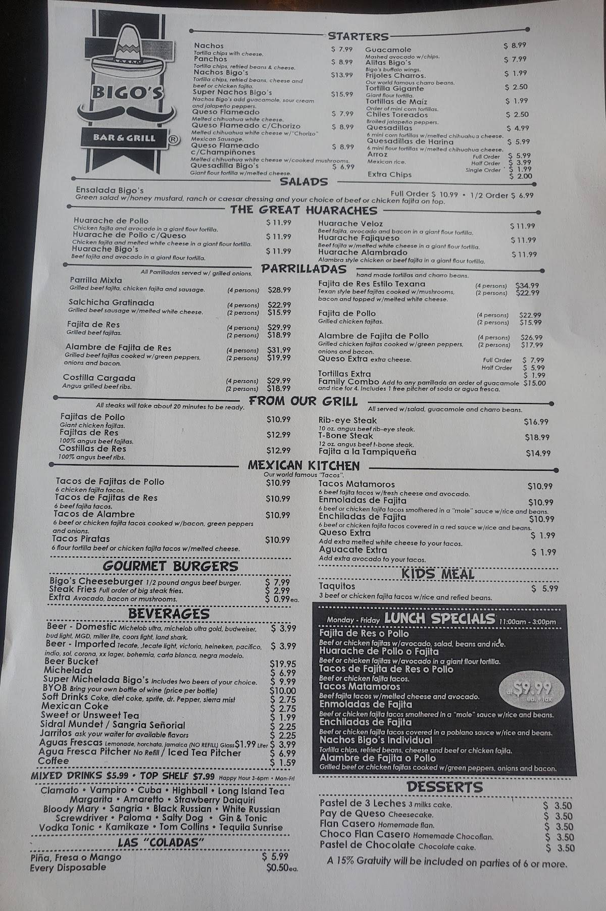 Menu at Bigo's Bar & Grill, Brownsville, 464 Paredes Line Rd