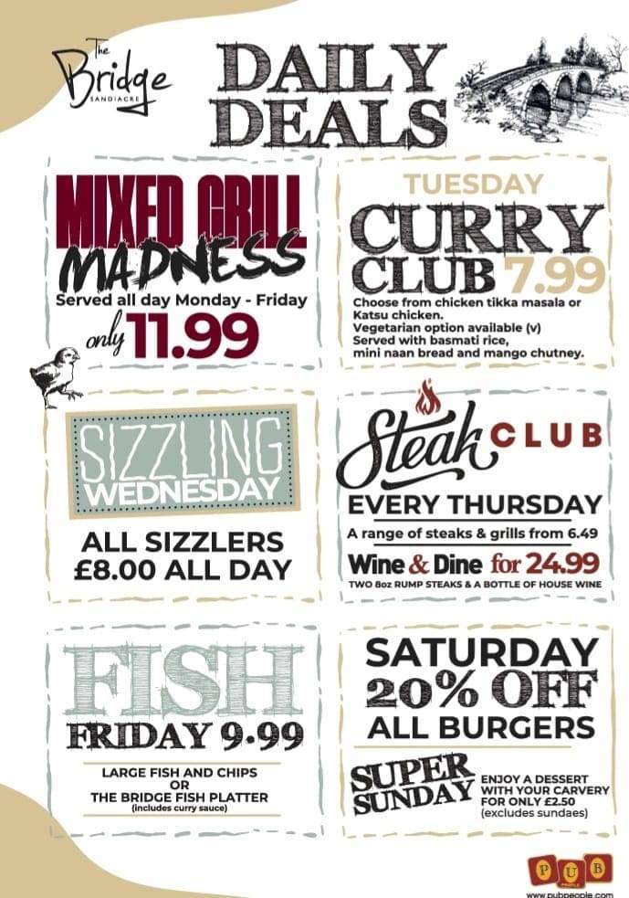Menu at Bridge Inn pub & bar, Nottingham, Longmoor Ln