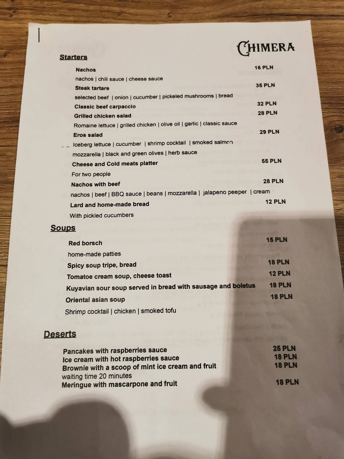 Menu at Chimera restaurant, Wloclawek