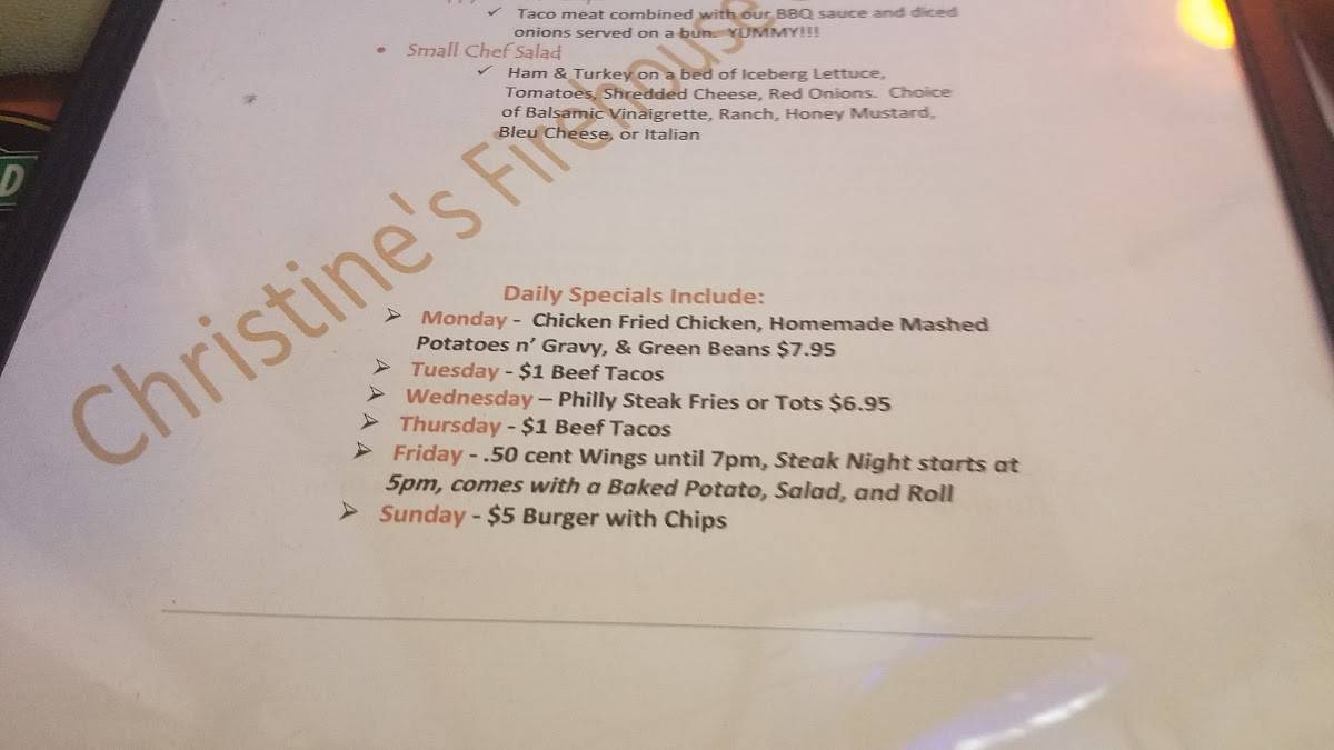 Menu at Christine's Firehouse pub & bar, North Kansas City