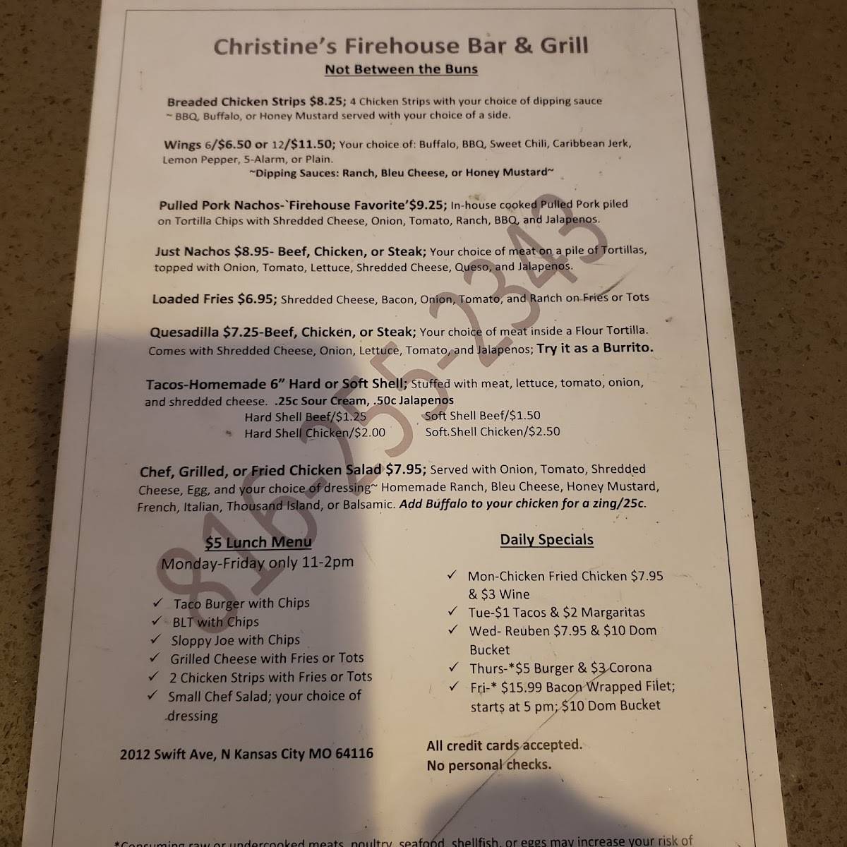 Menu at Christine's Firehouse pub & bar, North Kansas City