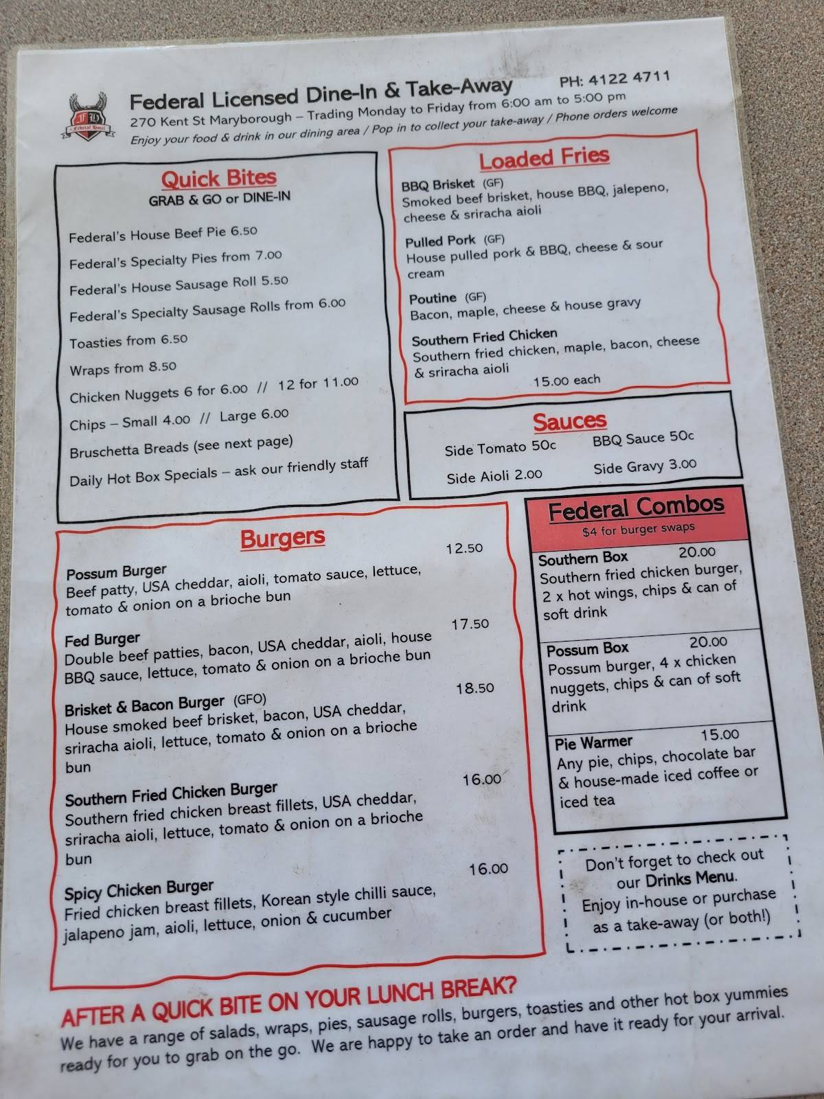 Menu at Federal Hotel pub & bar, Maryborough
