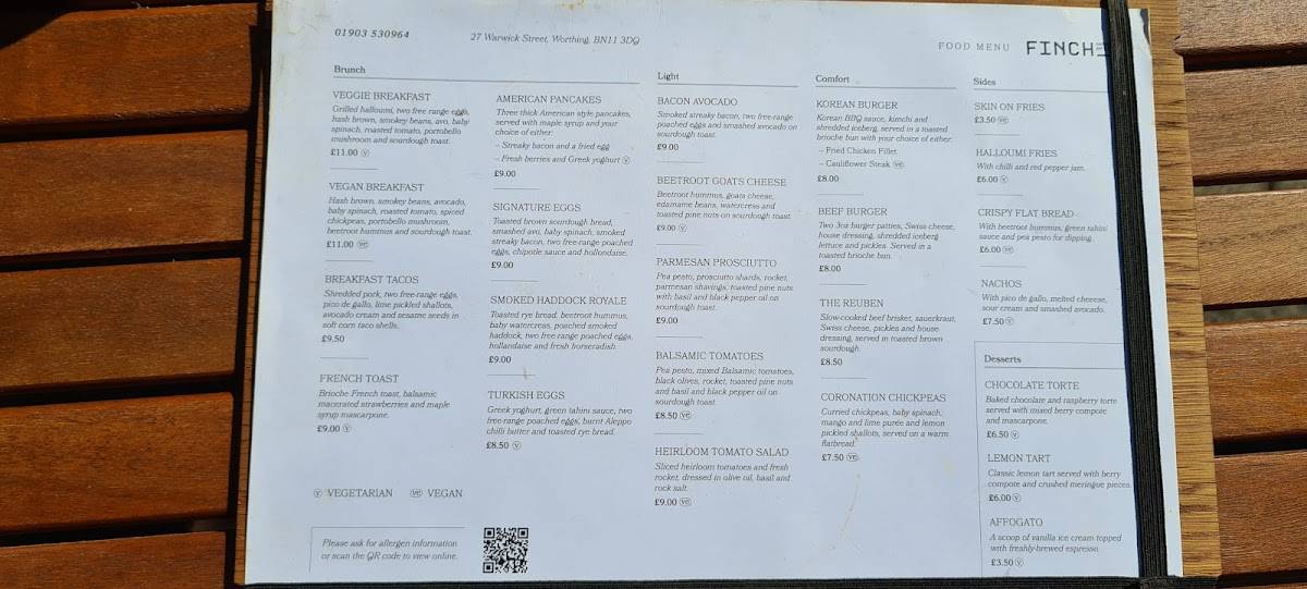 Menu at Finch Bar & Eatery, Worthing