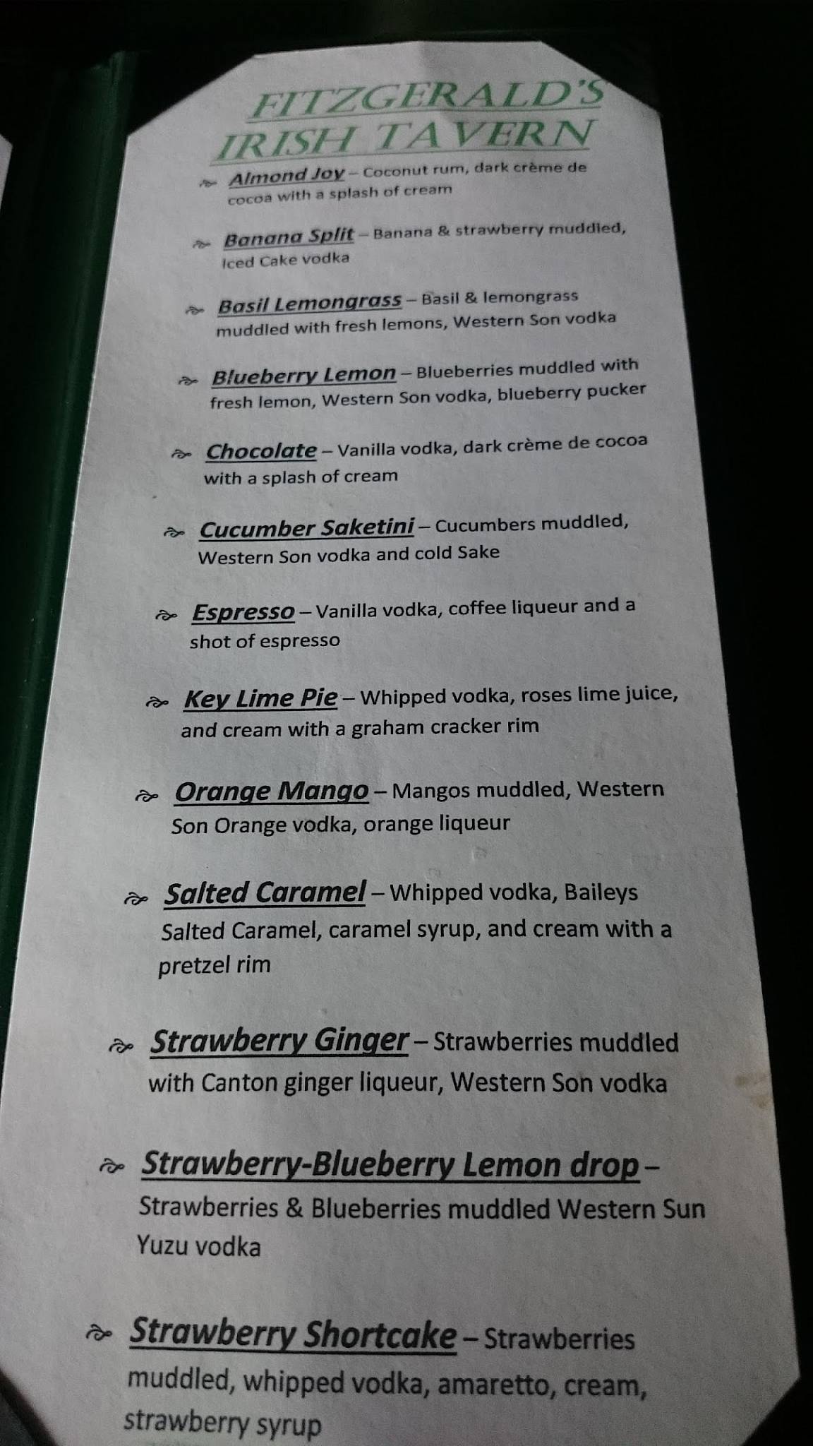 Menu at Fitzgerald's Irish Tavern pub & bar, New Port Richey, Nebraska Ave