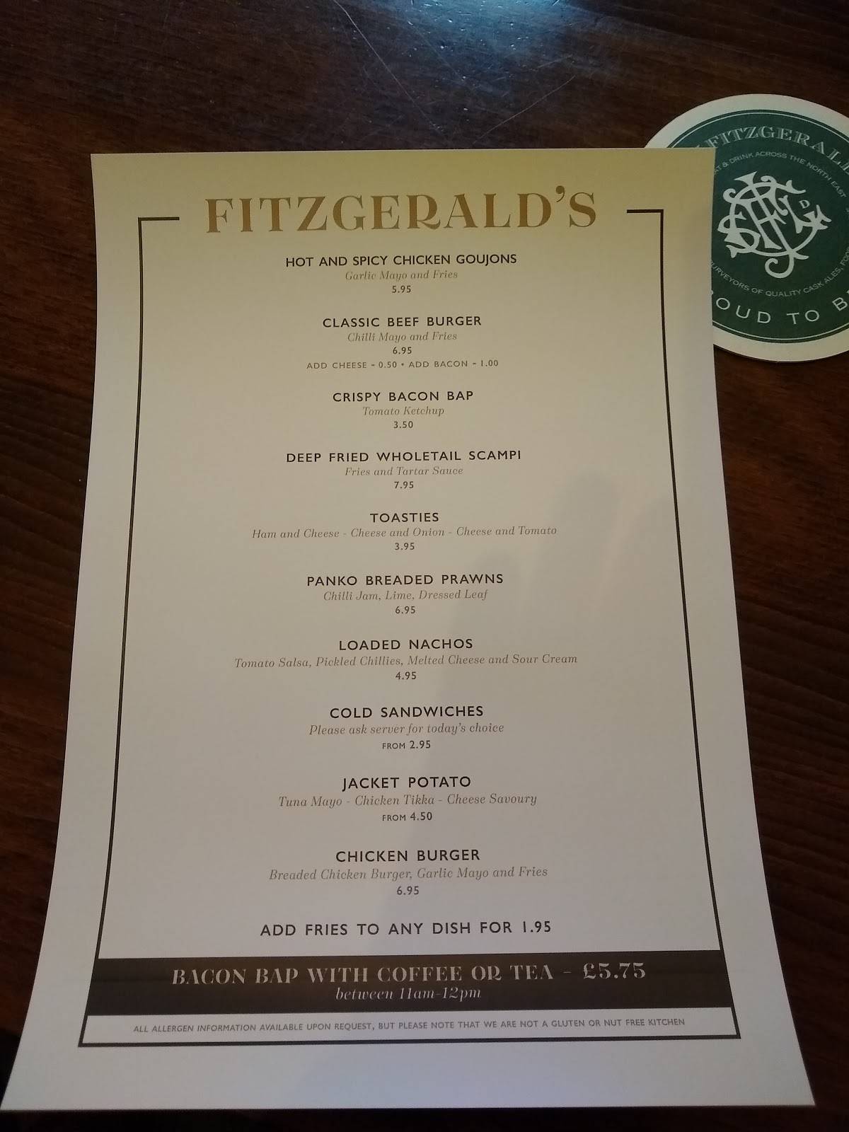 Menu at Fitzgeralds pub & bar, Newcastle upon Tyne