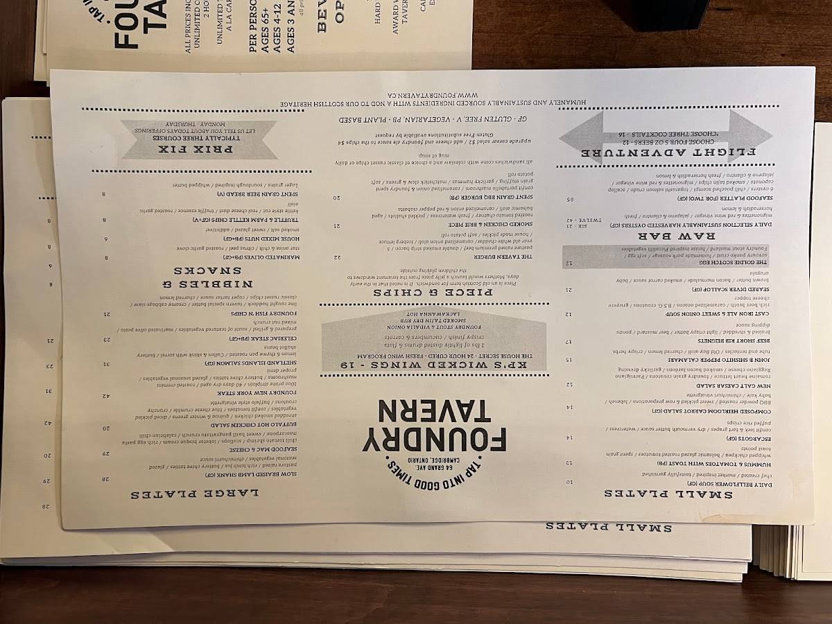 Menu at Foundry Tavern pub & bar, Cambridge