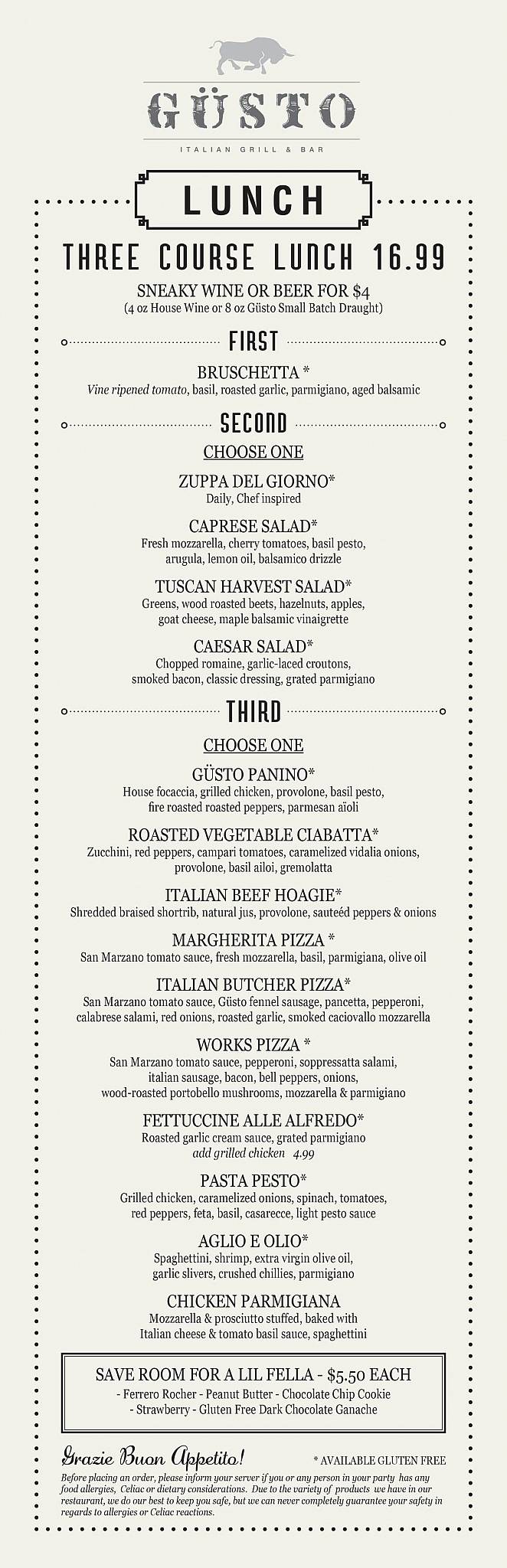 Menu at Gusto Italian Grill & Bar, Moncton