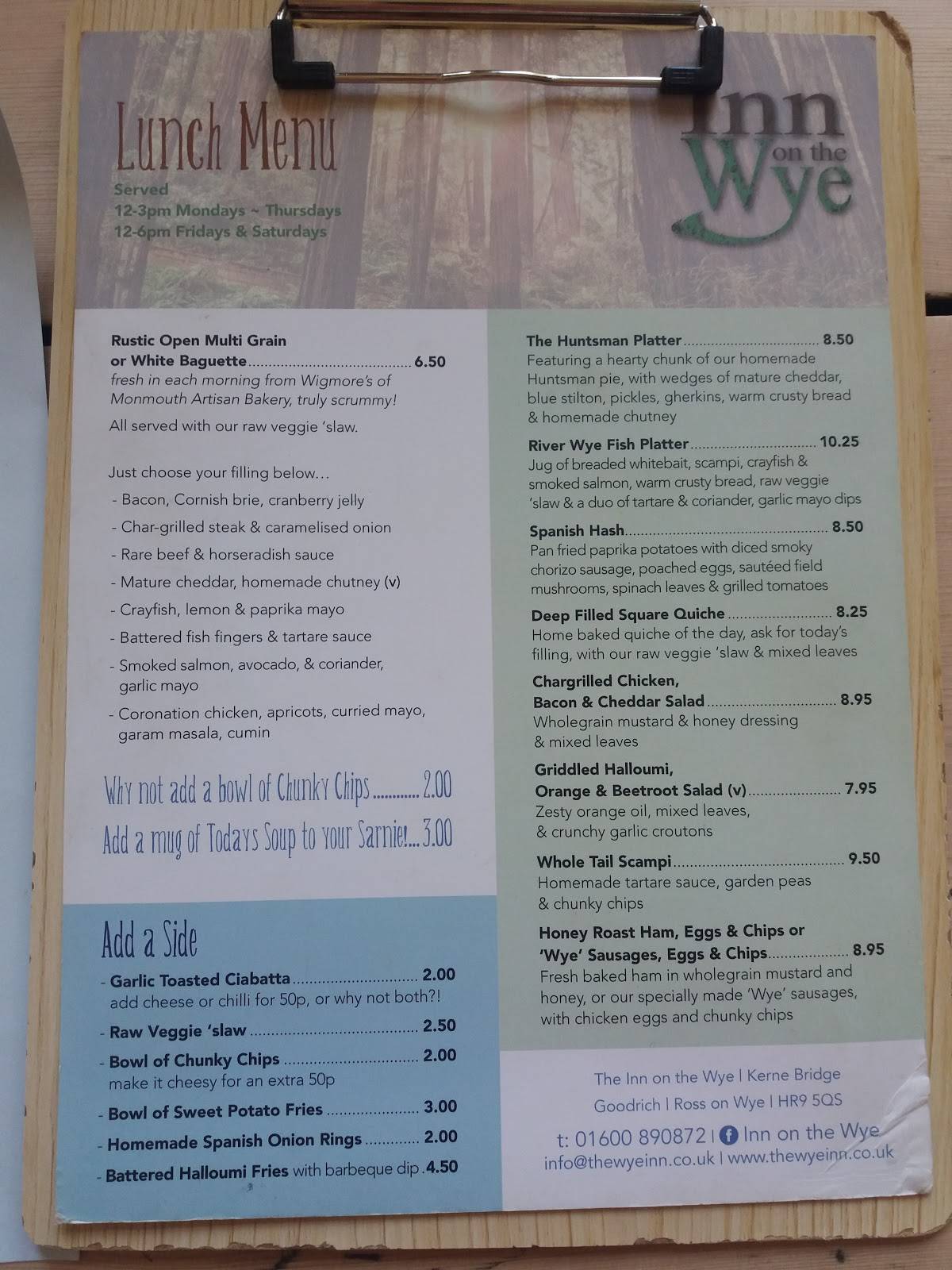 Menu at Inn on the Wye restaurant, Walford