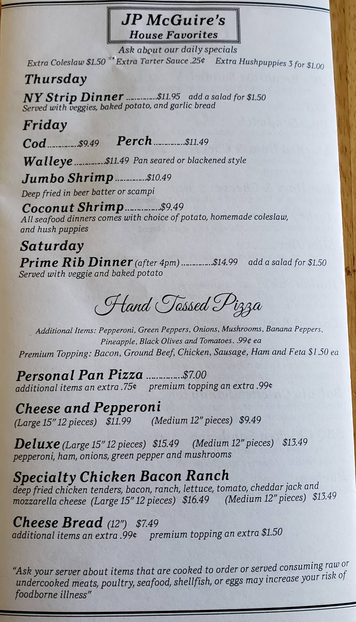 Menu at JP McGuire's Bar and Restaurant, Taylor