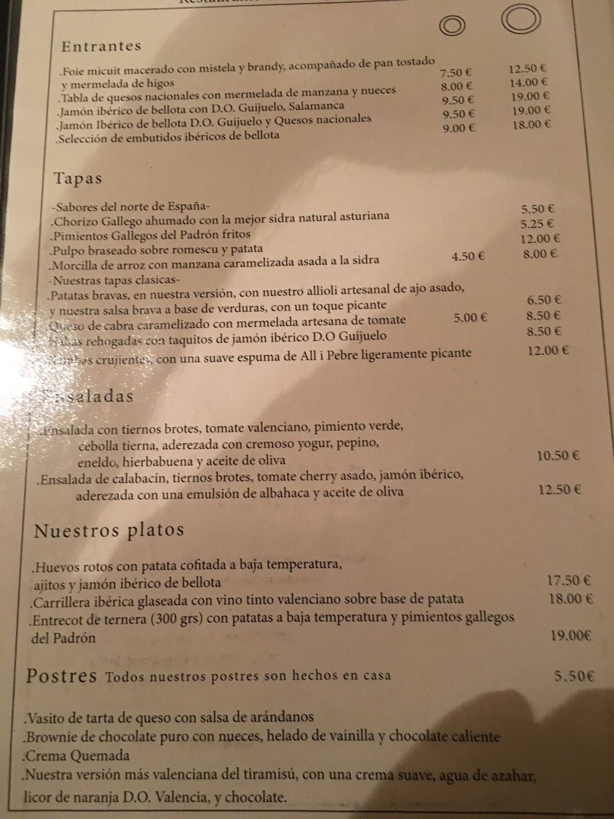 Carta de Jamón Jamón Restaurante, Valencia