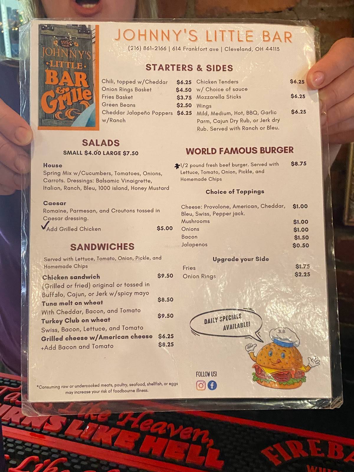 Menu at Johnny's Little Bar, Cleveland