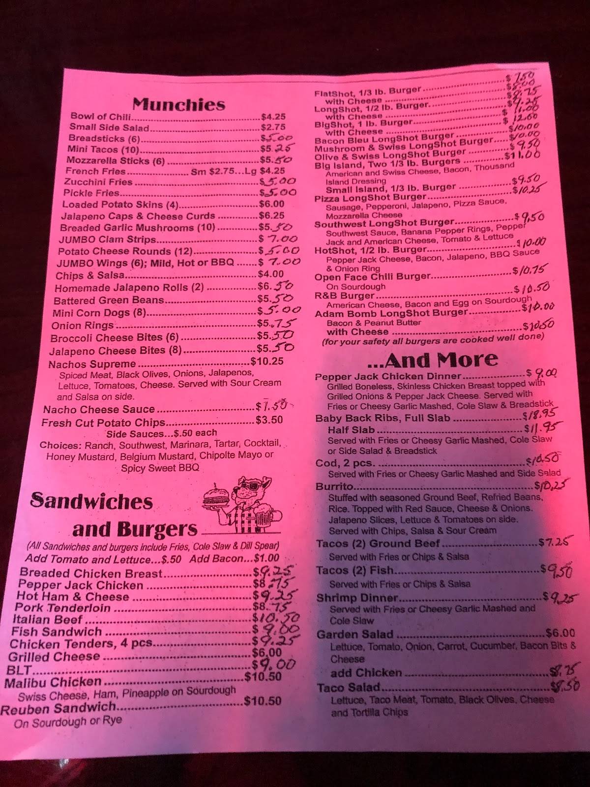 Menu at Longshots Bar and Grill, New Carlisle