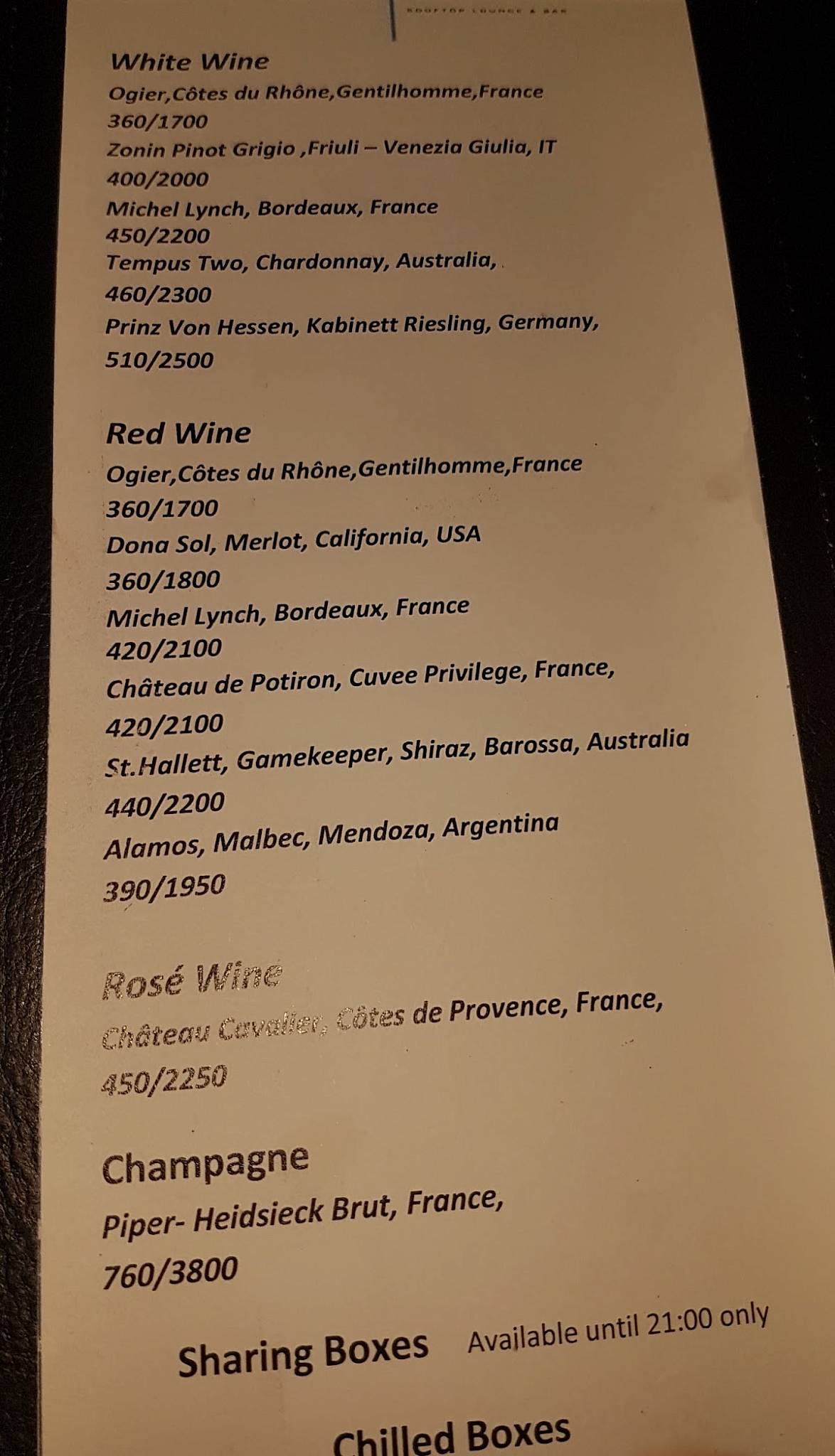 Menu at Octave Rooftop Lounge & Bar, Bangkok
