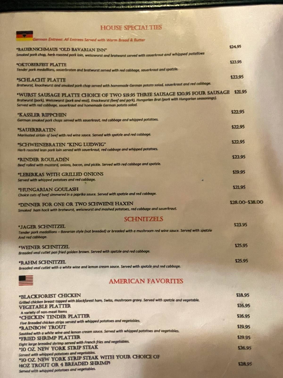 Menu at Old Bavaria Inn Restaurant, Helen