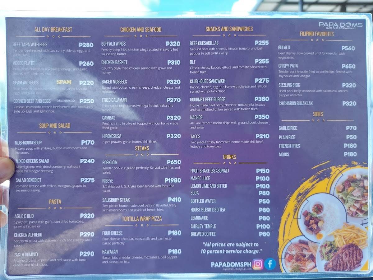Menu at Papa Doms Bar and Restaurant - Tagaytay, Tagaytay