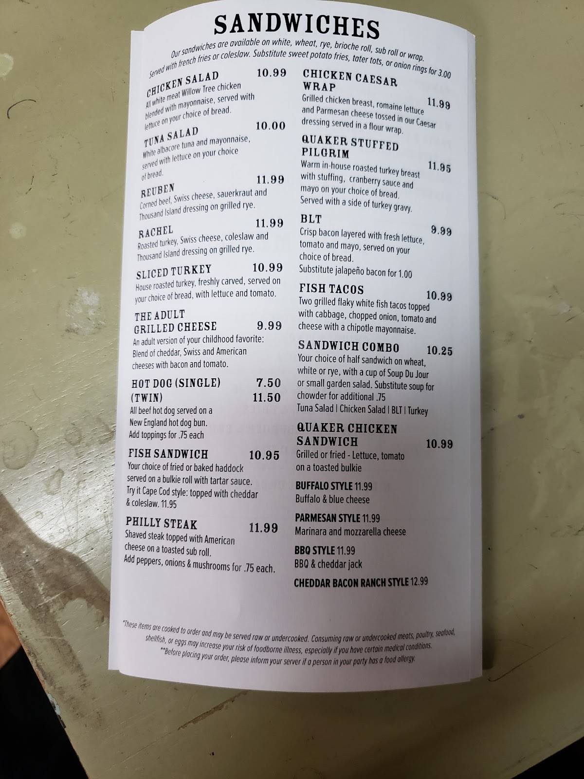 Menu at Quaker Tavern restaurant, Uxbridge, 466 Quaker Hwy #1603