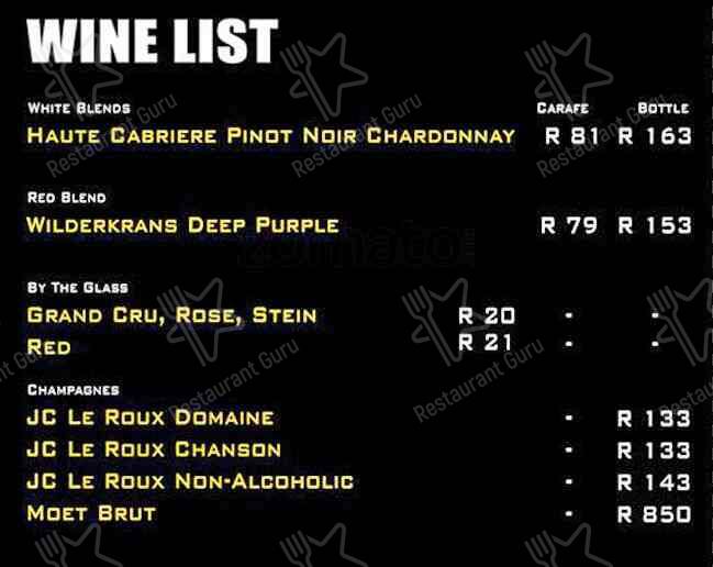 Menu at Ridgeway Racebar, Edenvale