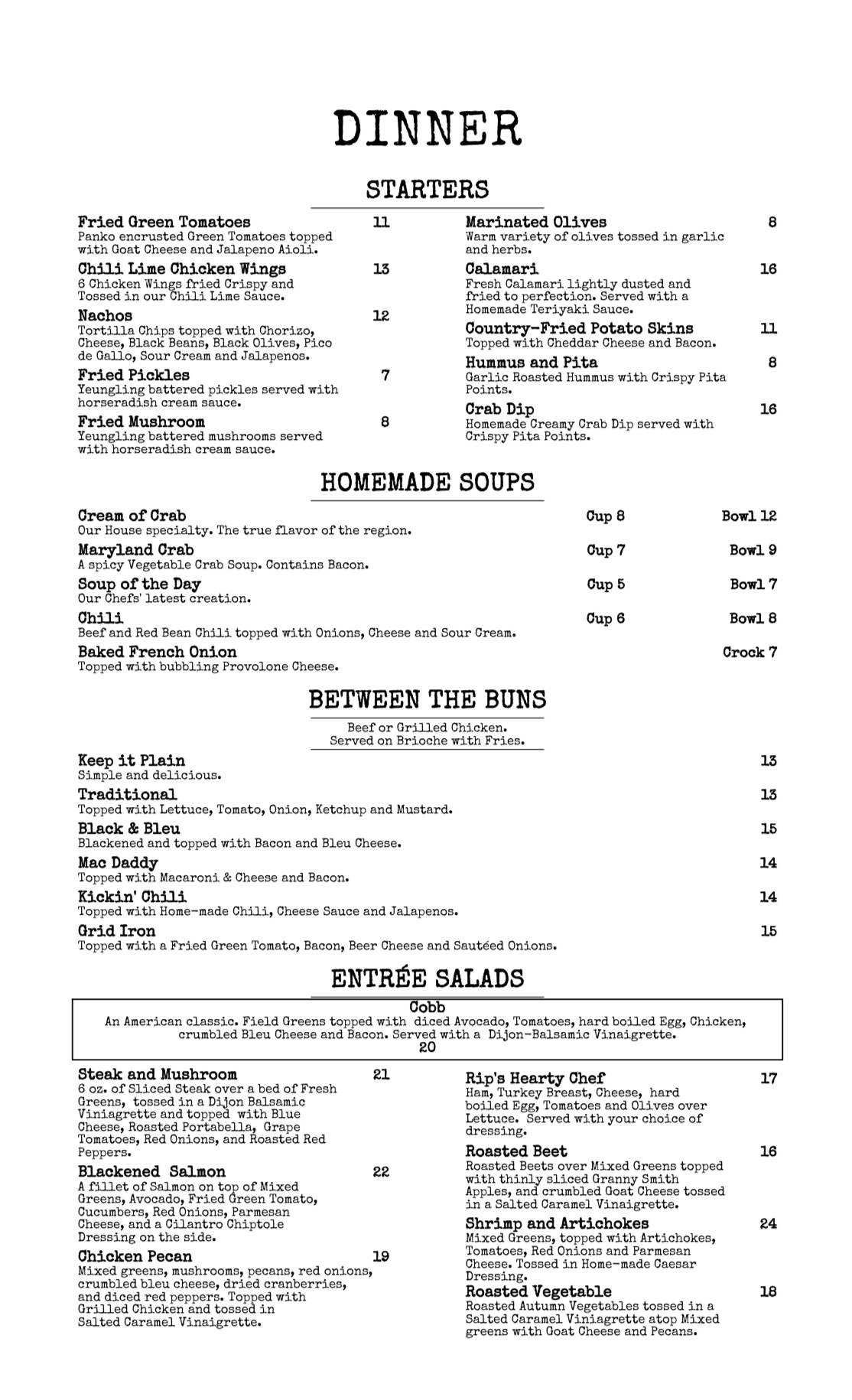 Menu at Rips Country Inn pub & bar, Bowie