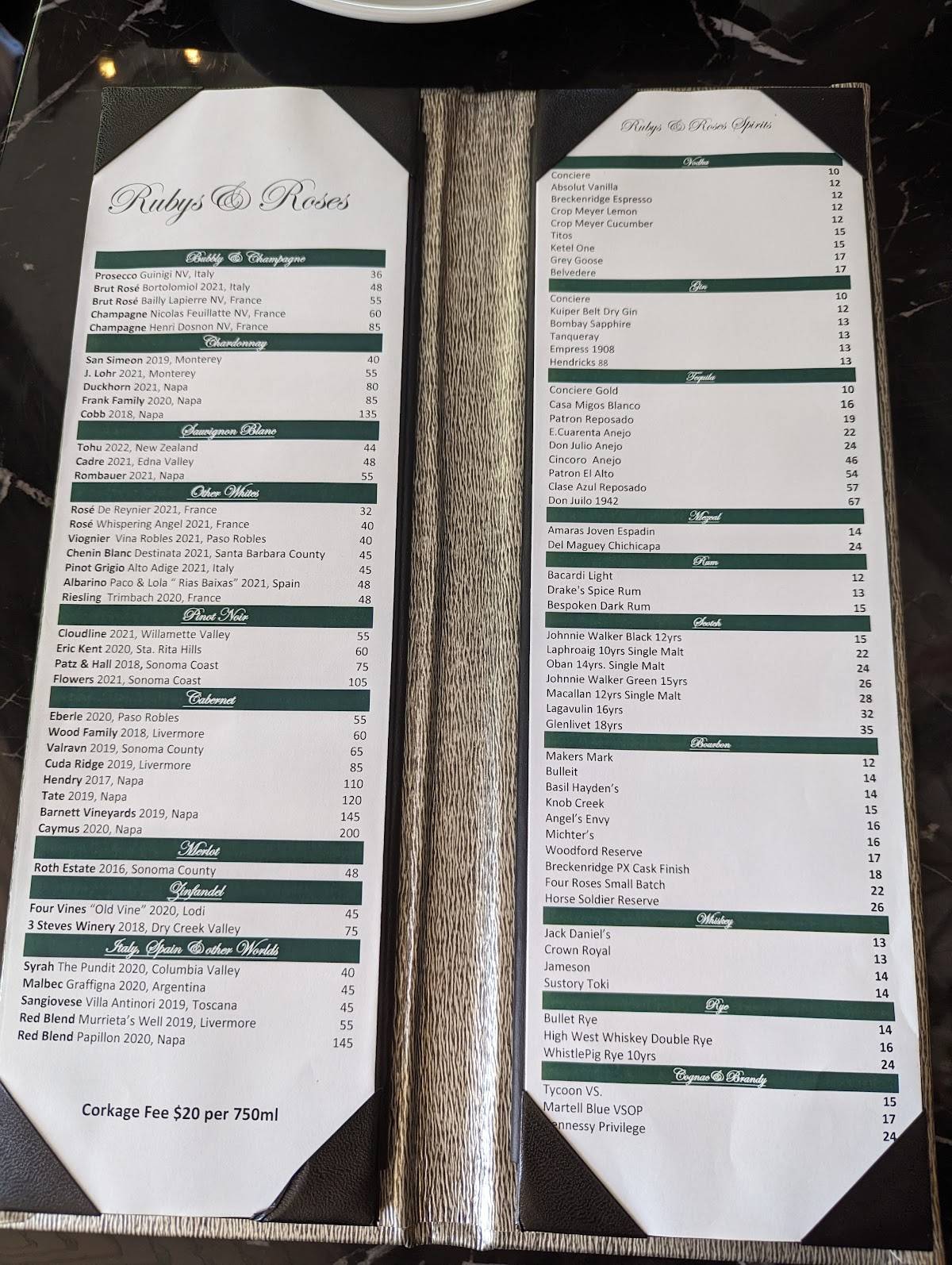 Menu at Rubys & Roses Restaurant, Pleasanton