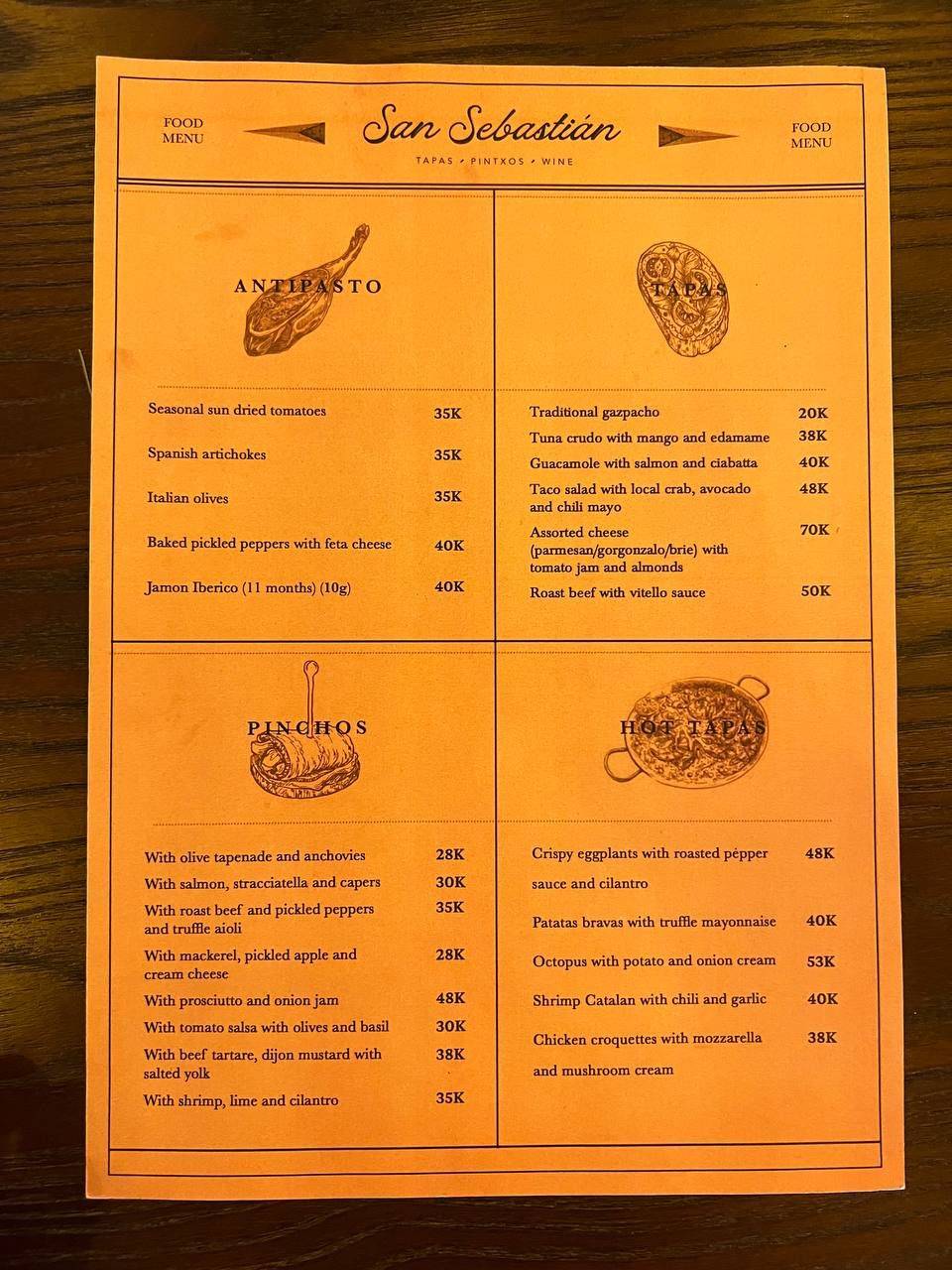 Menu at San Sebastián pub & bar, Ubud