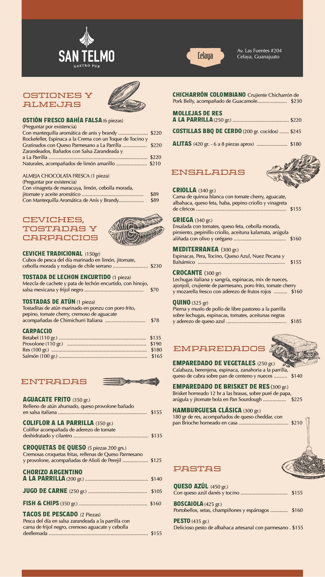 Carta del pub y bar San Telmo Celaya, Celaya
