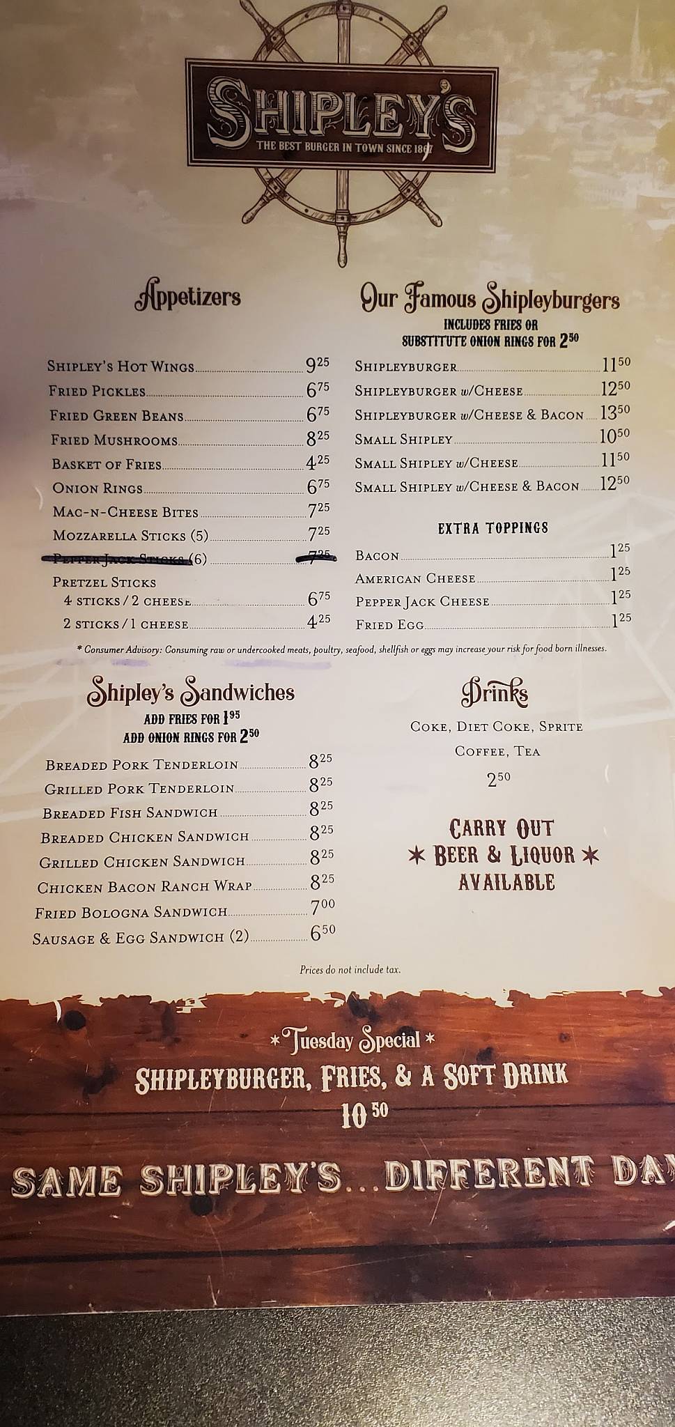 Menu at Shipley's Tavern pub & bar, Madison