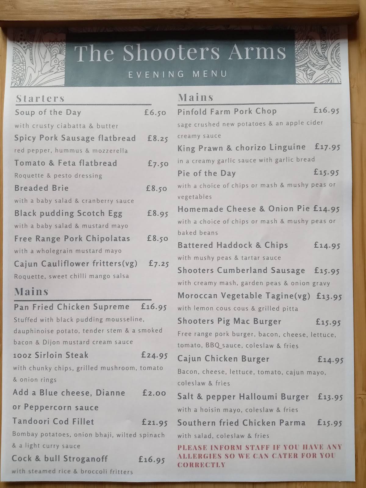 Menu at Shooters Arms pub & bar, Burnley