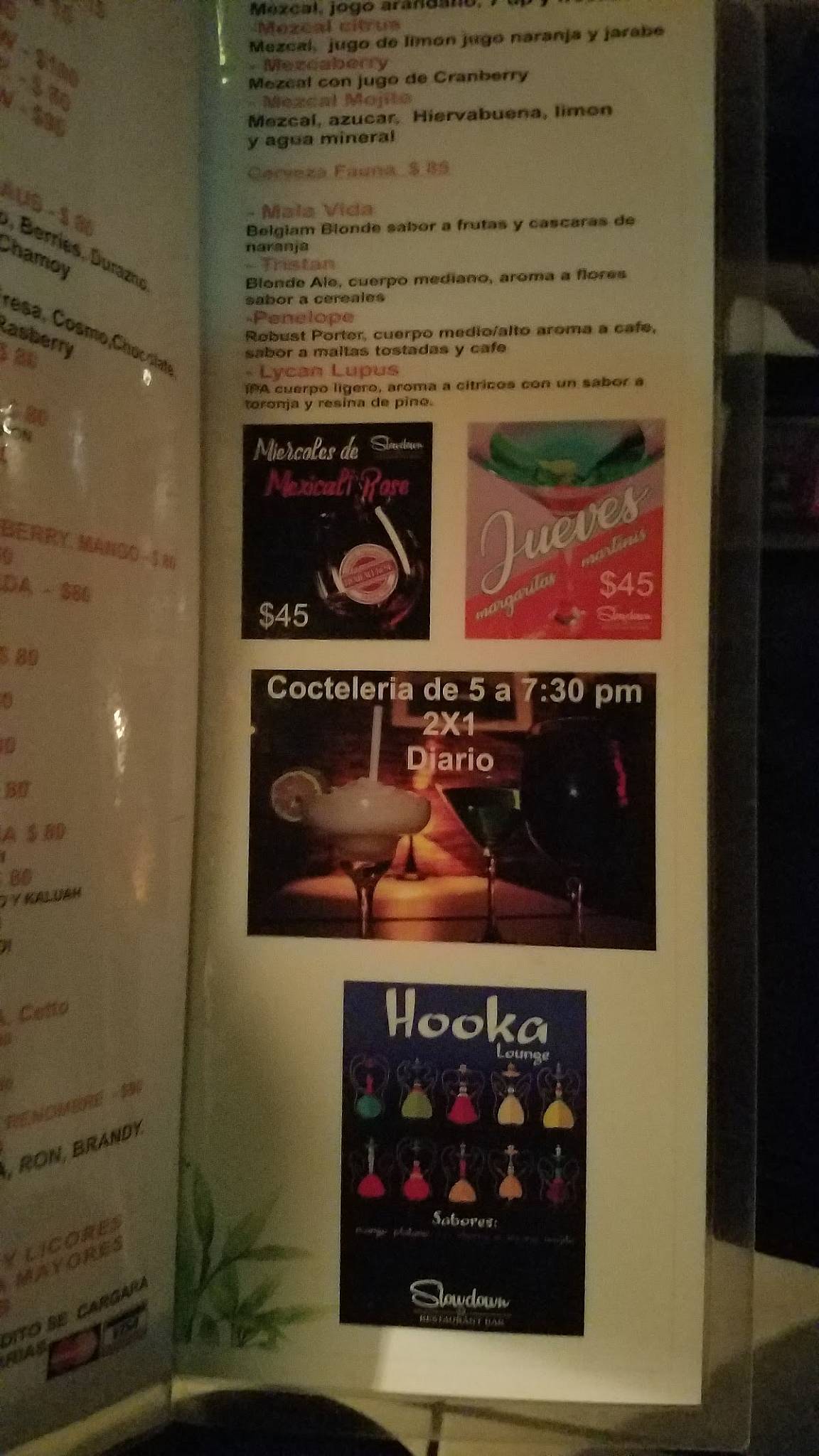 Menu at Slow down pub & bar, Mexicali
