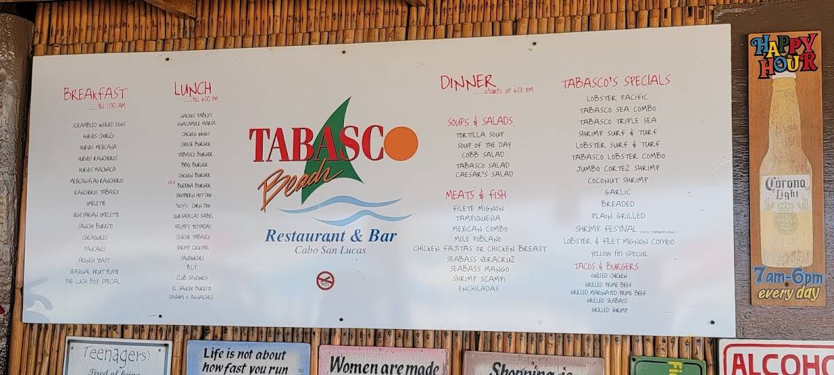Menu at Tabasco Beach pub & bar, Cabo San Lucas