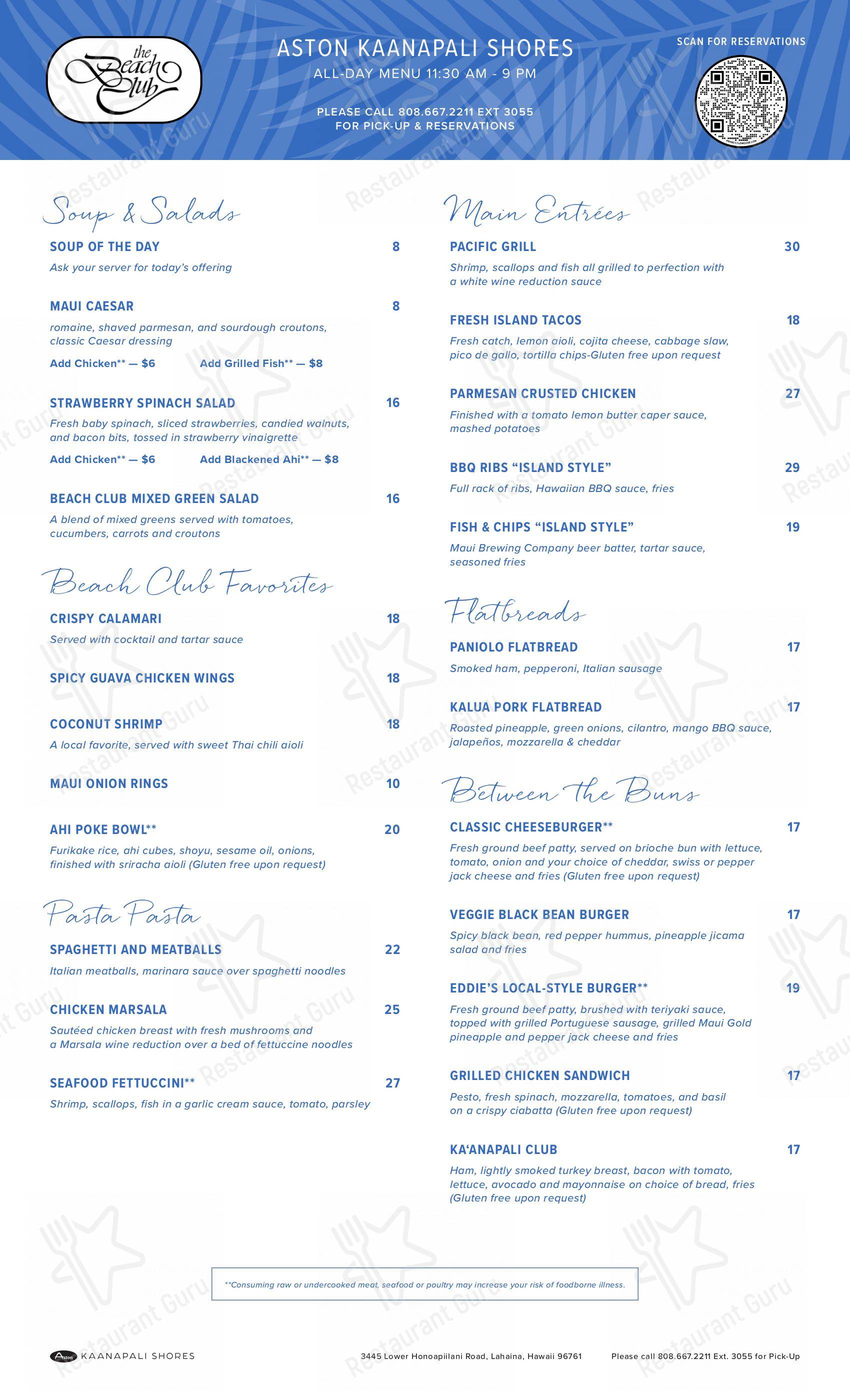 Menu at The Beach Club Restaurant & Bar, Lahaina
