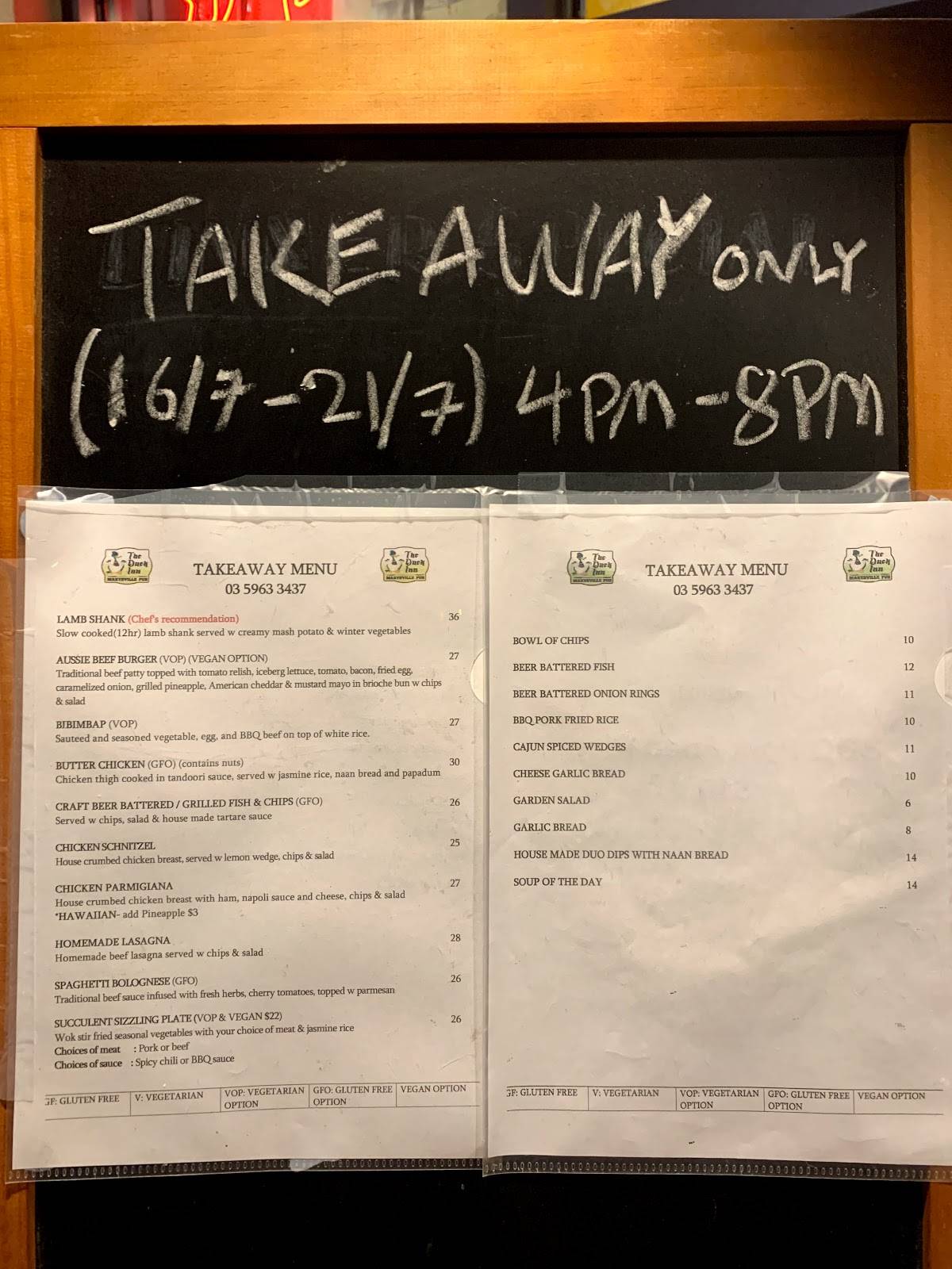 Menu at The Duck Inn pub & bar, Marysville