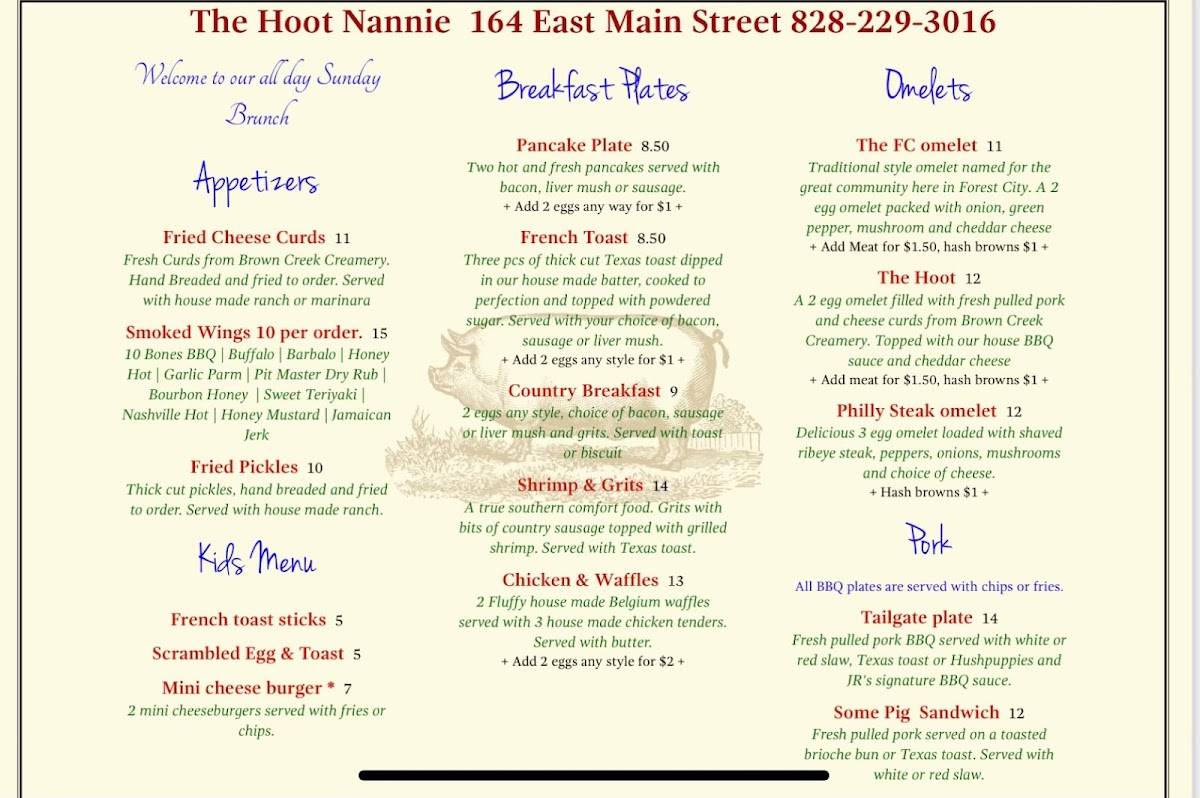 Menu at The Hoot Nannie pub & bar, Forest City