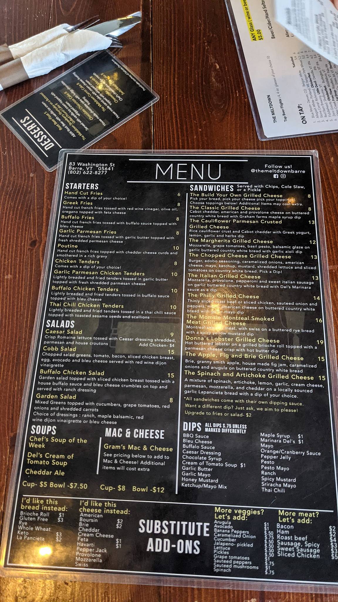 Menu at The Meltdown Grilled Cheese and Tap Room pub & bar, Barre