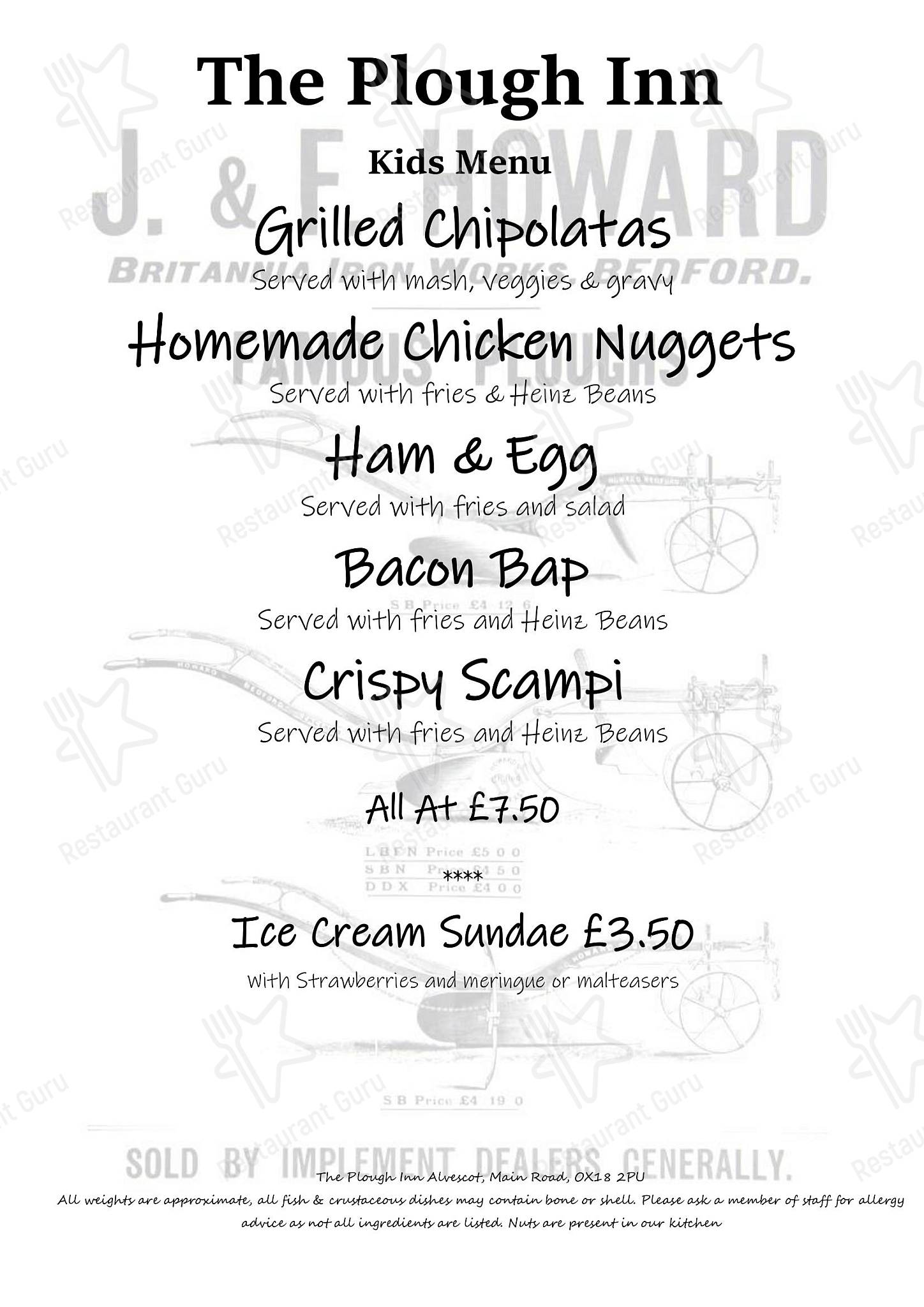 Menu at The Plough Inn Alvescot pub & bar, Clanfield, Main Rd