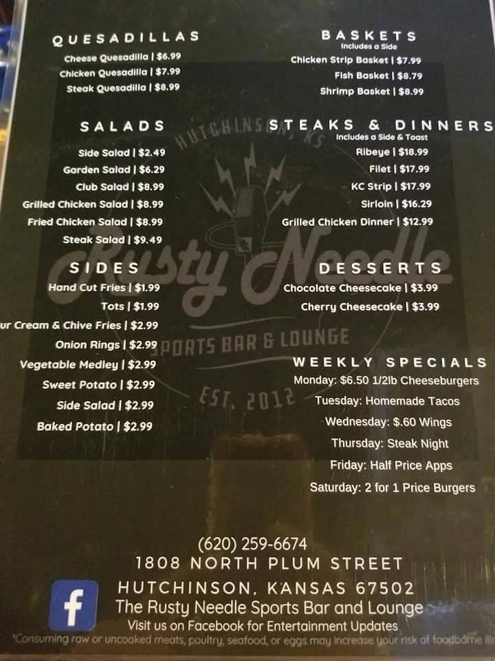Menu at The Rusty Needle pub & bar, Hutchinson