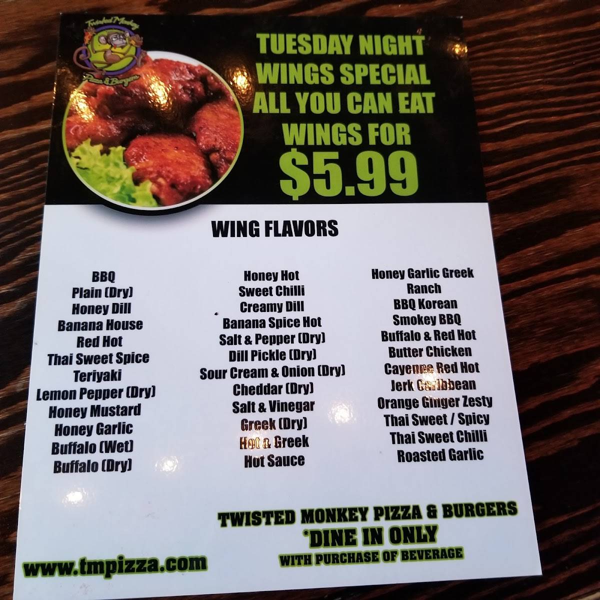 Menu at The Twisted Monkey Bar & Grill, Saskatoon