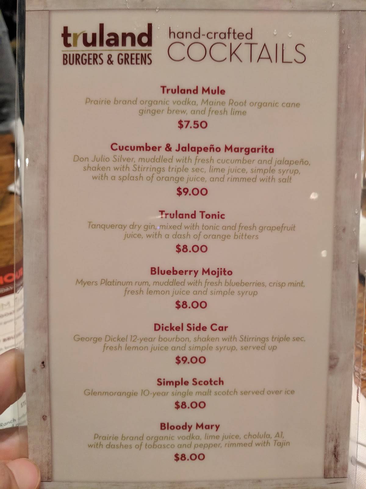 Menu at Truland Burgers & Greens Tucson pub & bar, Tucson